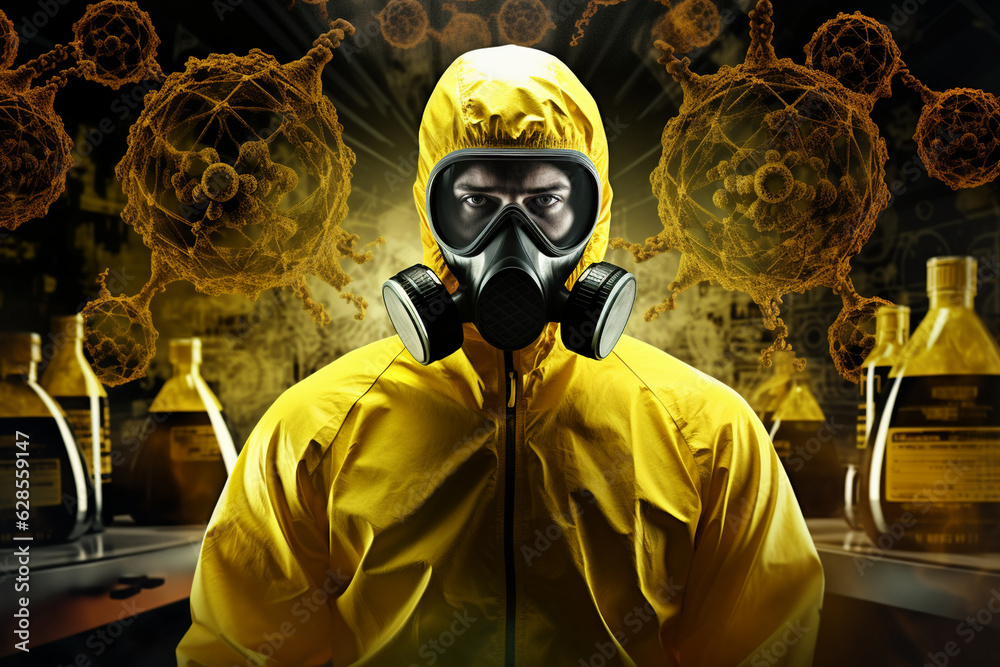 A bio-hazard themed bio-virus illustration, with caution signs and ...