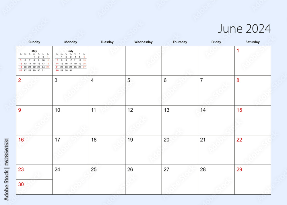Wall calendar planner for June 2024. English language, week starts from ...