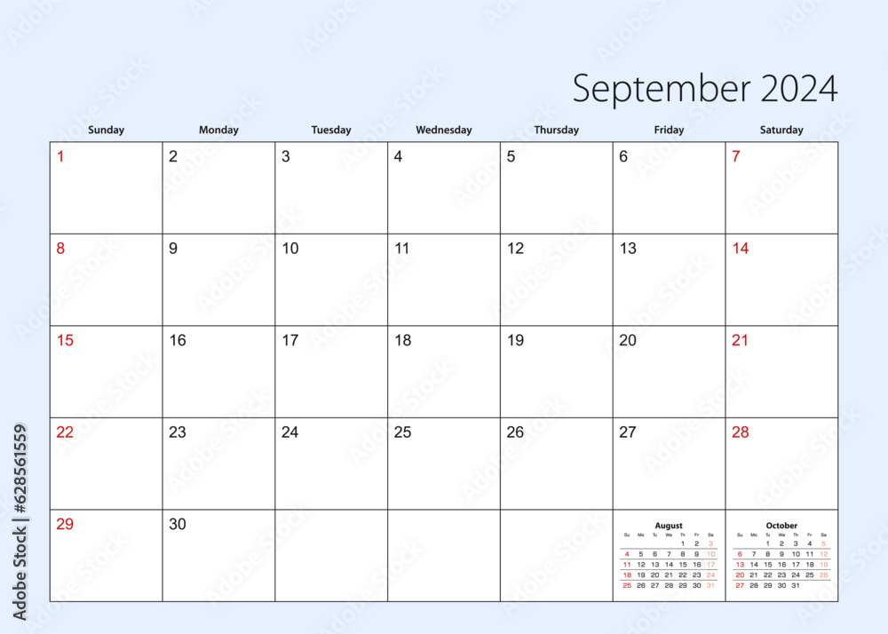 Wall calendar planner for September 2024. English language, week starts ...