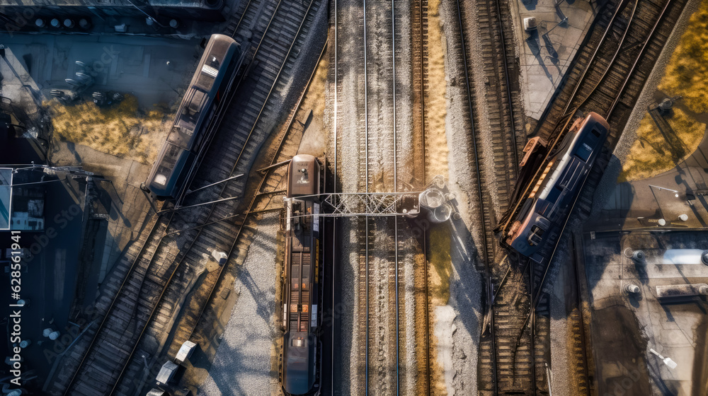 Overhead view of train yard with trains on the tracks and one on the ...