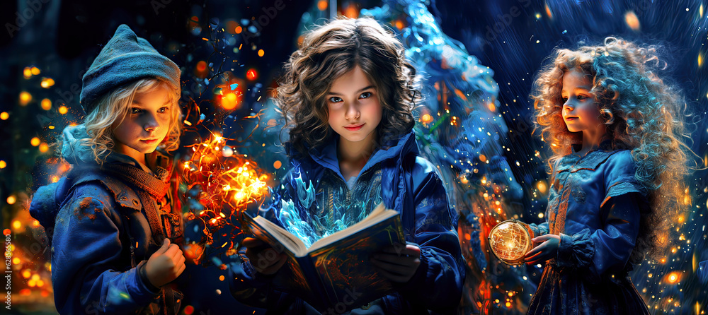 three 5 year old children, girl, boy reading an exciting book, mystical ...