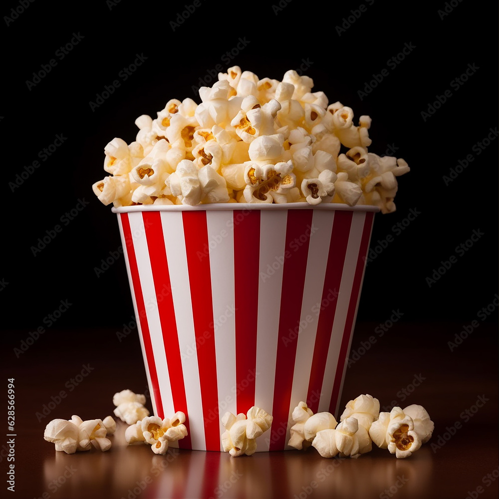 Popcorn float view Paper cup with popcorn. Salted popcorn grains with ...