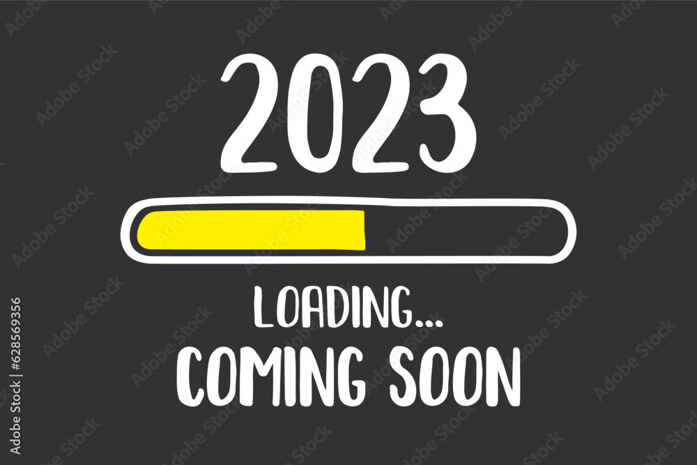 Doodle download bar. 2023 loading, coming soon - text. Horizontal ...