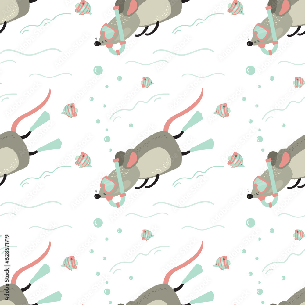 Seamless pattern with funny snorkeling rat. Adorable mouse is engaged ...