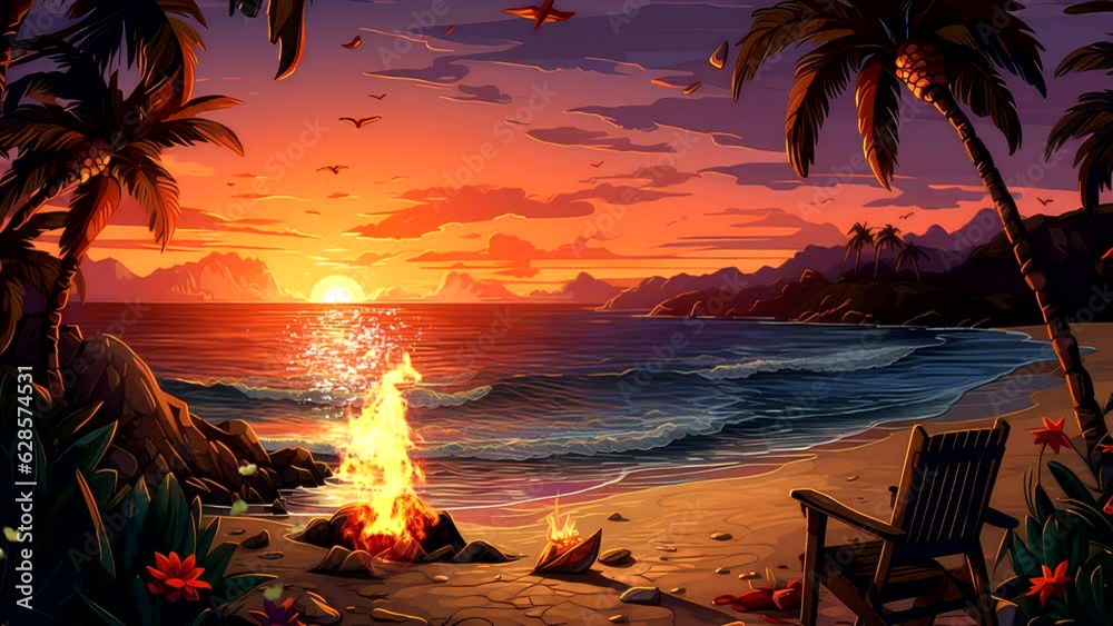 Anime background video of beautiful view sunset beach with bonfire ...