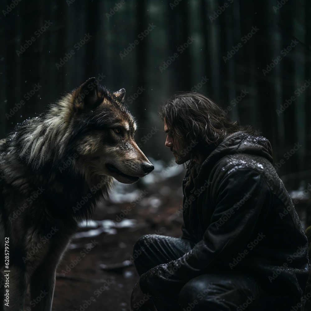 AI generated illustration of a man and a wolf looking at each other in ...