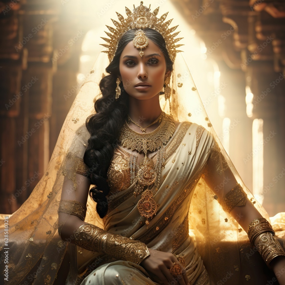 Beautiful Indian princess wearing a traditional dress and ornate gold ...