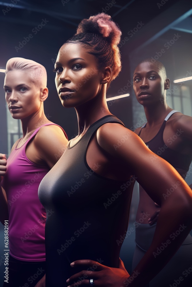Female gym goers stand in a proud pose expressing strength and ...