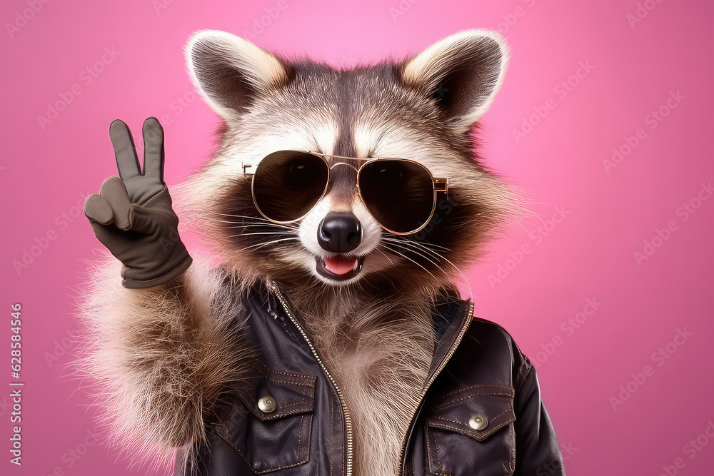Portrait of a joyful cool raccoon wearing sunglasses and human clothing ...