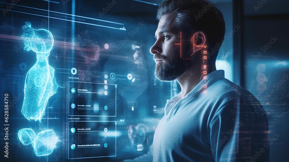 Doctor using a holographic projection to visualize and analyze the ...