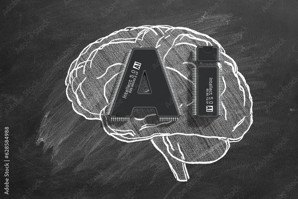 Two microchips in the form of the letters AI integrated with the human ...