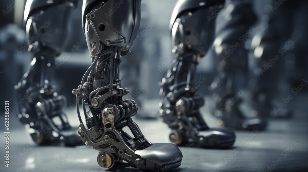 AI generated illustration of a line of robot legs wearing protective ...