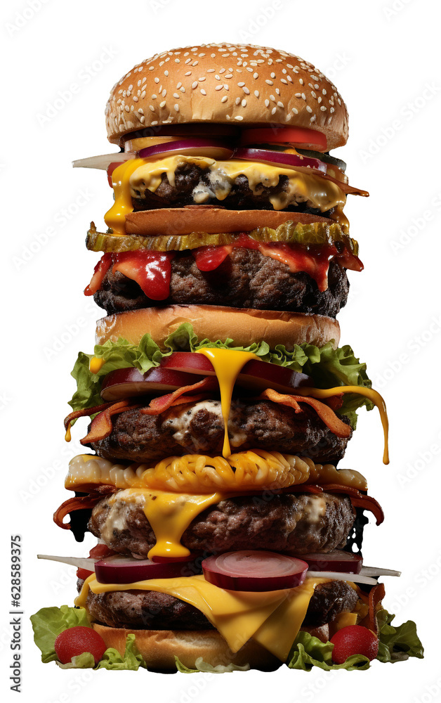 burger tower with beef and melted cheese . isolated in transparent ...