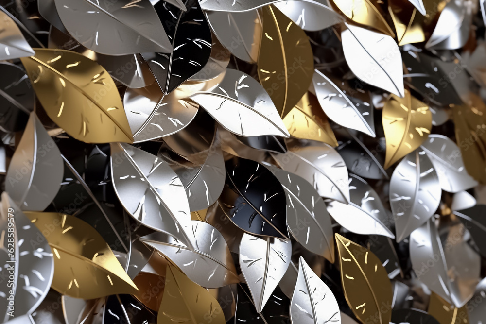 elegant metal gold and silver leaves with the radiant golden light ...