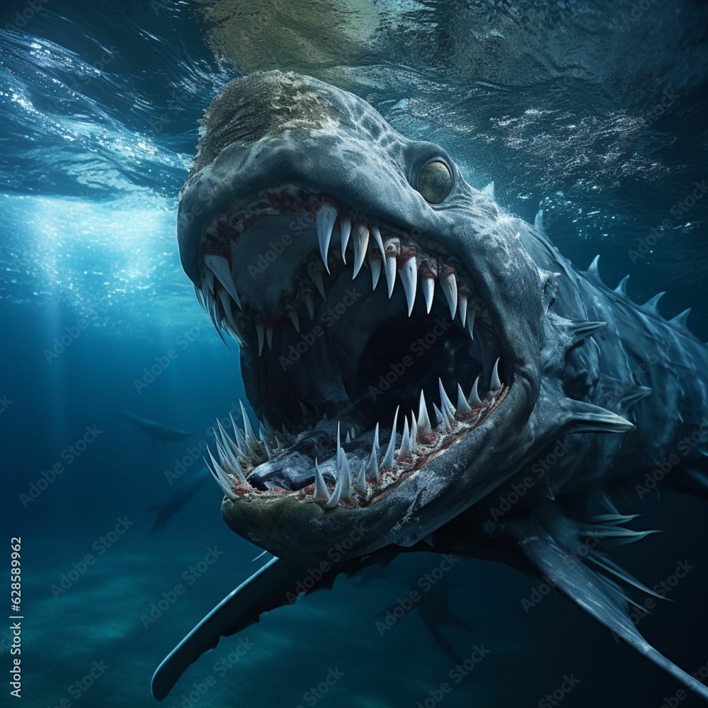 AI generated illustration of a scary large deep blue shark with sharp ...