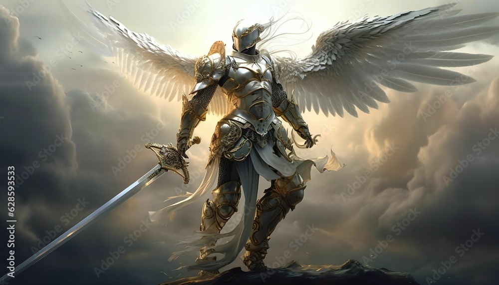 AI generated illustration of a majestic angel in armor stands atop a mountain wings outstretched ...