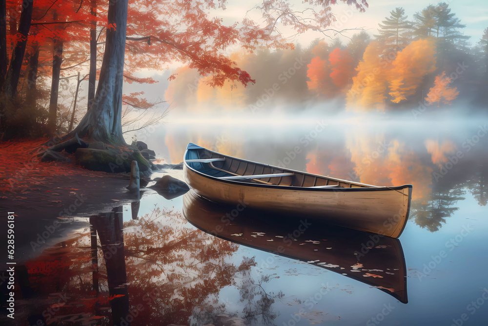 Canoe on the beach on a fall day. Empty yellow canoe sitting on the ...