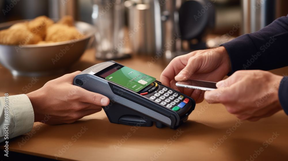 Contactless payment concept, customer holding credit card near nfc ...