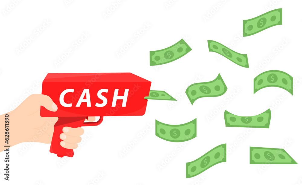 Money gun shoots banknotes. A hand holds a money gun that shoots bills ...