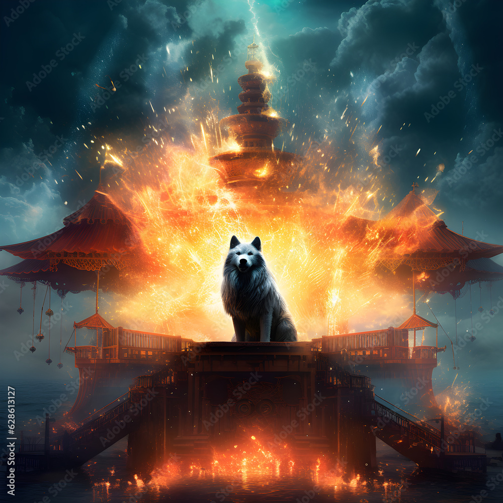 Wolf in front of a temple with fire and clouds. Concept Image of a Red ...