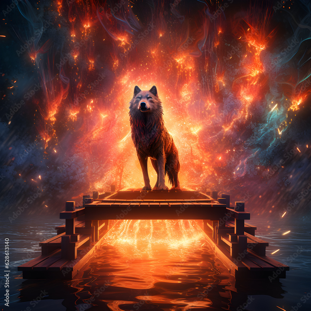 A wolf standing on a wooden pier over a fire background. Concept Image ...