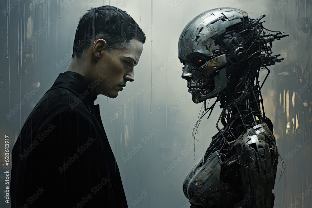 Human elite looking at the artufictial inteligence in humanoid form ...