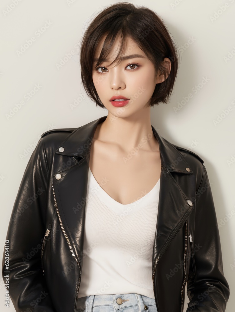 Portrait of beautiful women with pixie cut, glossy skin and red statement lips wearing black ...