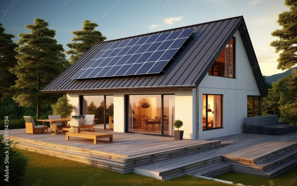 Solar panels on the gable roof of a beautiful modern home Stock Photo ...