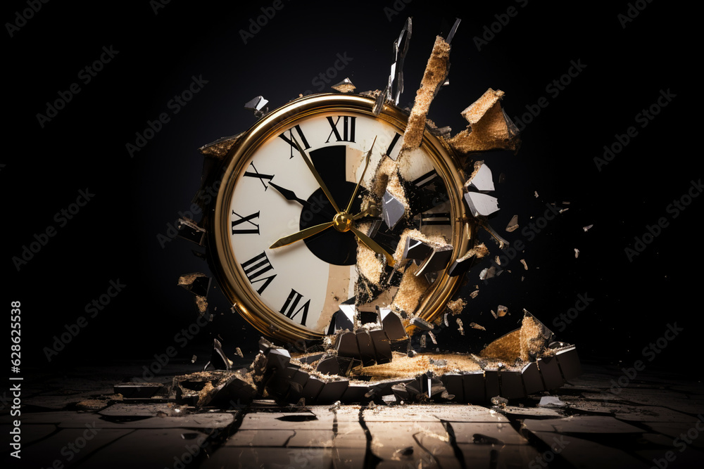 broken shattered clock on a black background, out of time concept Stock ...