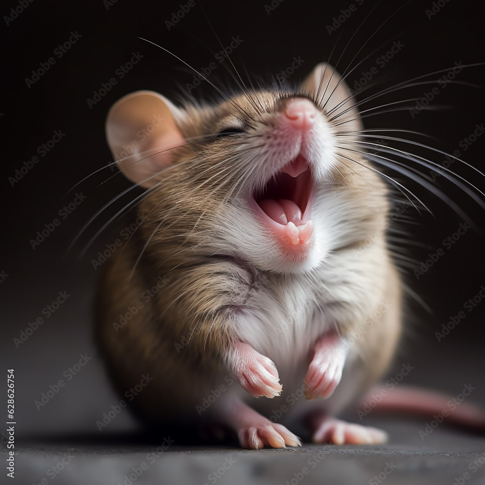 Little cute mouse laughs smiles, close-up portrait, funny photo with ...