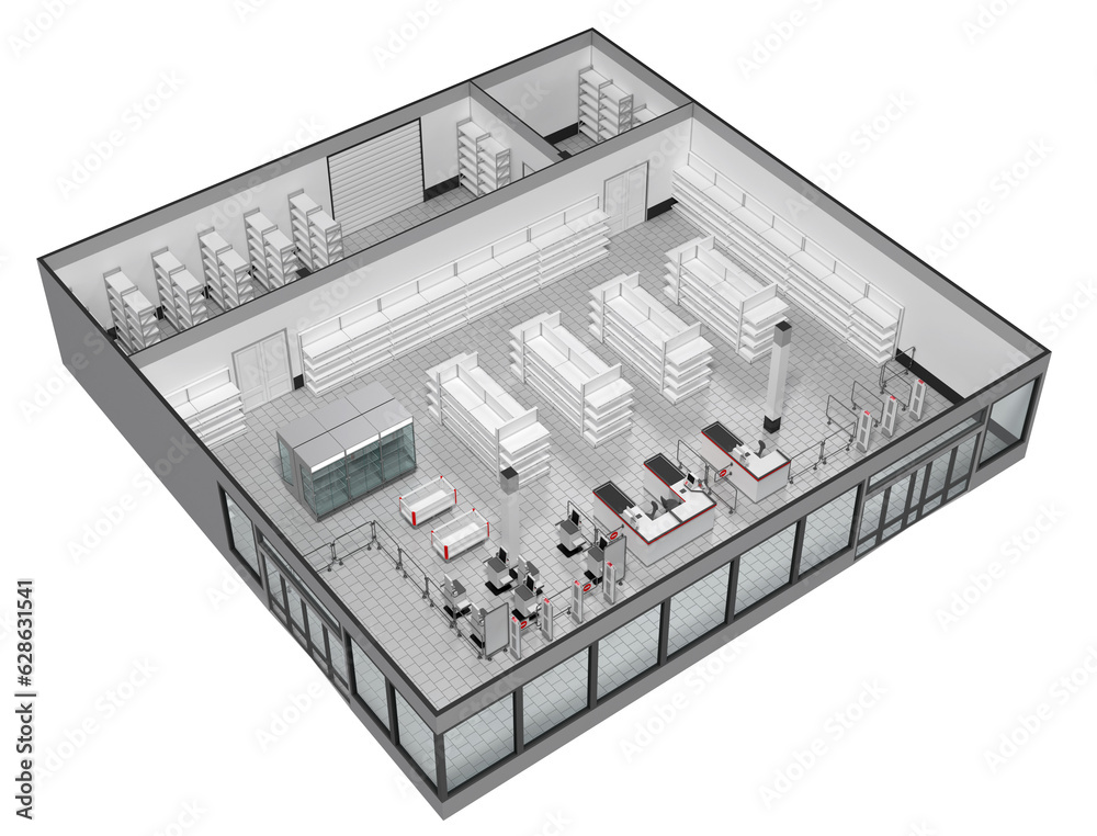 Store interior isometric composition, with racks and showcases ...