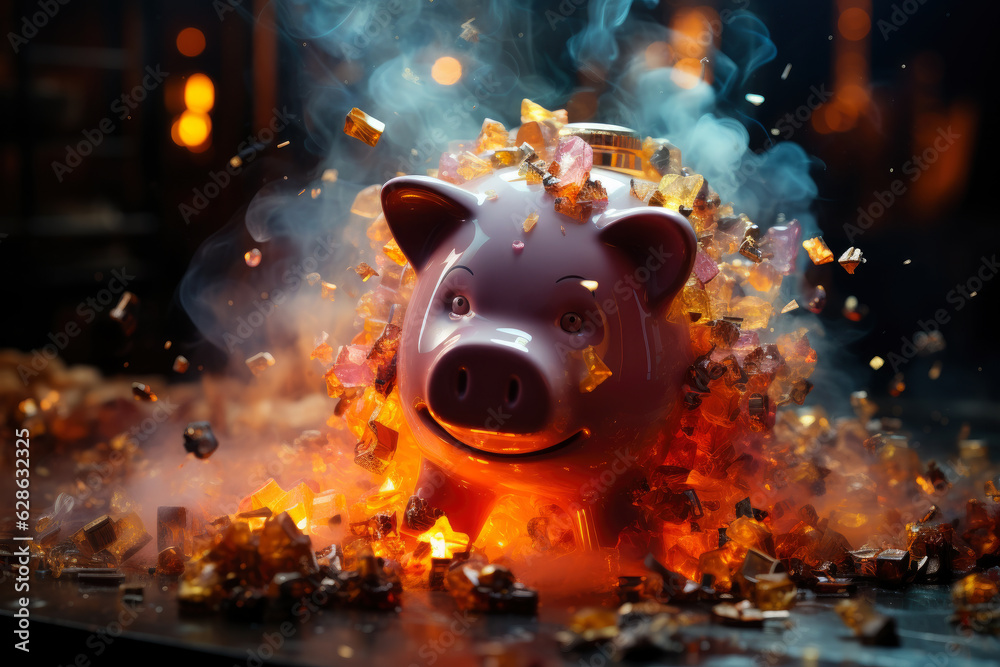 Piggy bank explodes with fire, sparks and smoke on a dark background ...