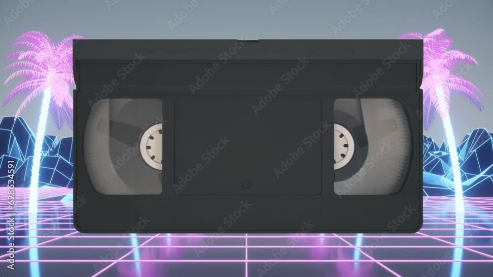 VHS cassette on retro wave background. VHS noise, glitches, distortions ...