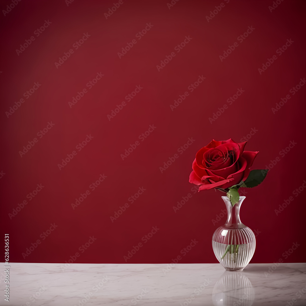 In a setting of monochromatic red, a stunning red rose adorns a ...