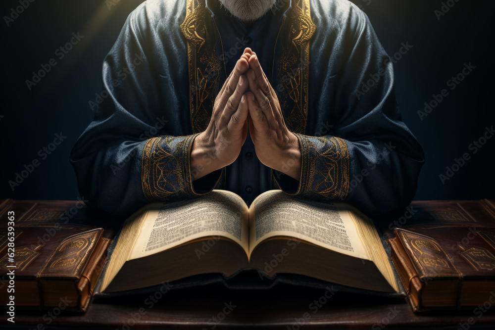 Culture and religion concept. Close-up view of praying priest hands ...