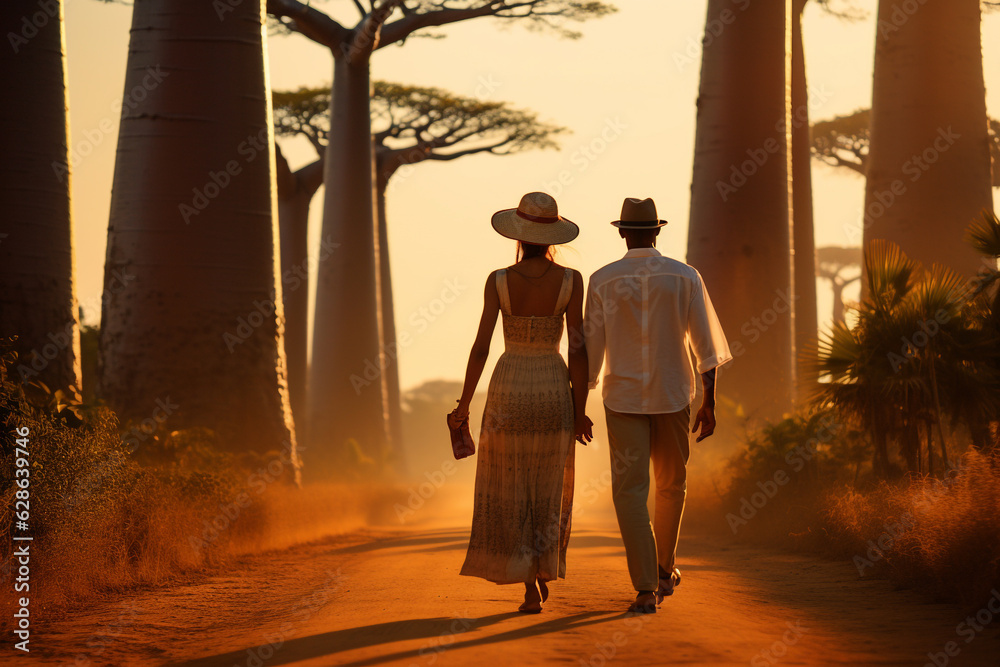 Young couple traveling and walking in Madagascar. Road with baobab ...
