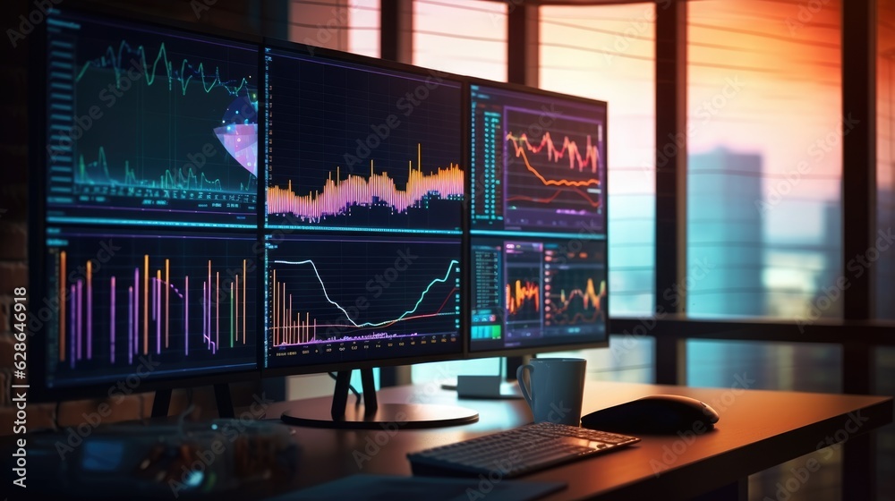 The side view of a multi computer screen displaying multiple financial reports, graphs and pie ...