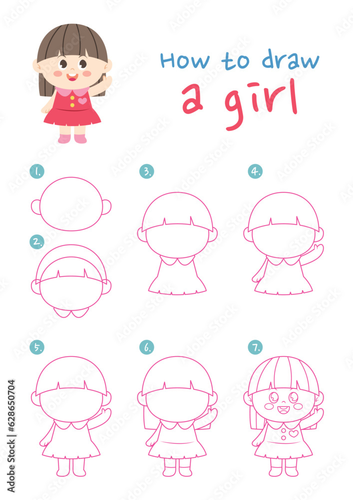 Vetor de How to draw a girl vector illustration. Draw a girl step by ...