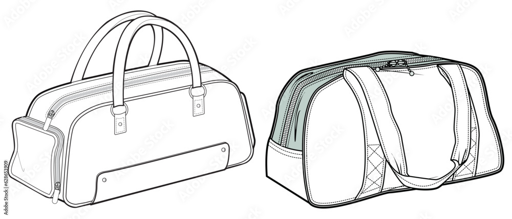 Set of Duffel bag flat sketch fashion illustration drawing template ...