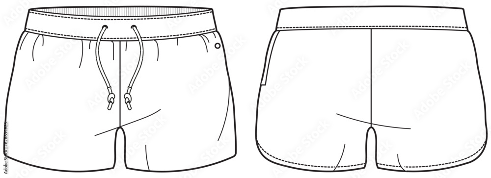 Men's trail shorts front and back view flat sketch fashion illustration ...
