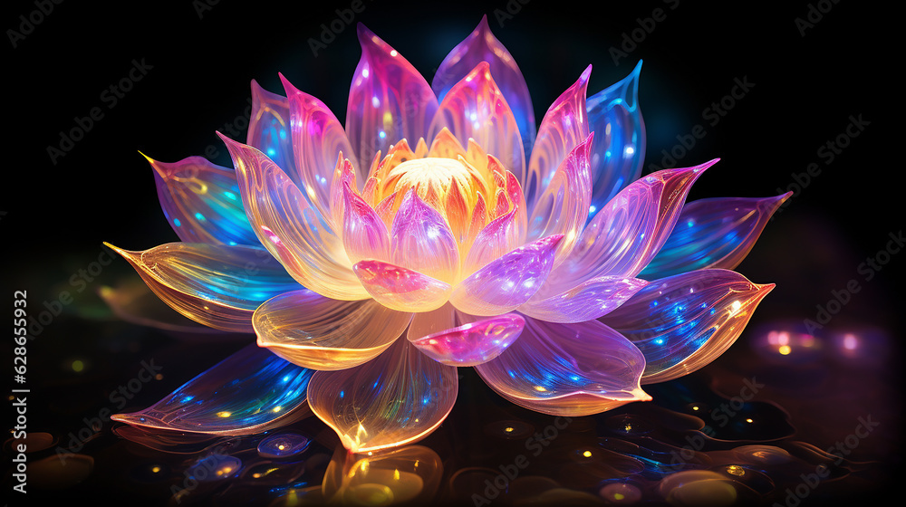 Flor de lótus colorida, bioluminescente, mística, opalescente, raios de ...