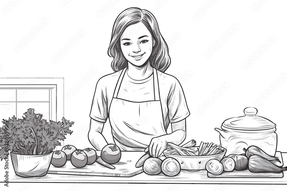 Hand drawn young woman cooking in the kitchen. Cartoon smiling ...