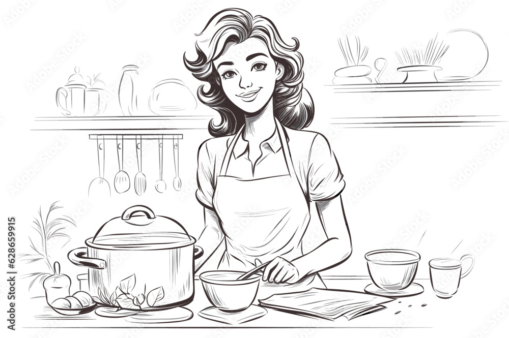 Hand drawn young woman cooking in the kitchen. Cartoon smiling ...