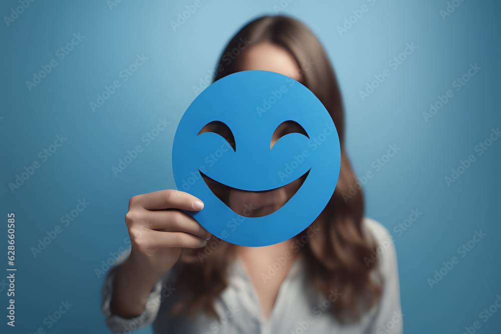 Emotional Resilience: Woman with Blue Paper Cut Happy Smile Face ...