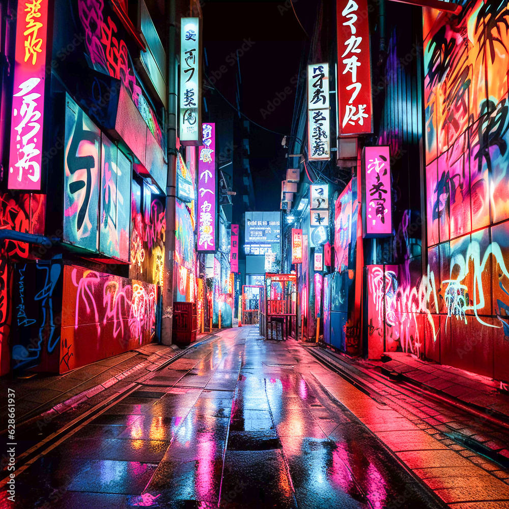 Tokyo Nightscapes: Neon Lights and Kanji Graffiti in Blacklight ...