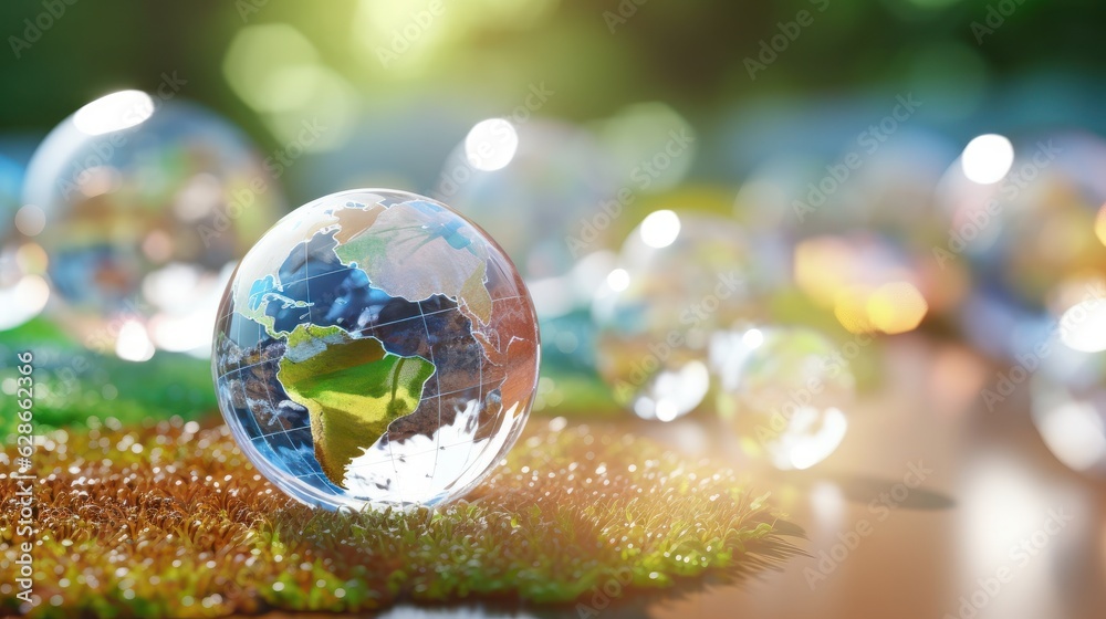 Transparent crystal sphere filled with sunlight on green grass. Glass ...