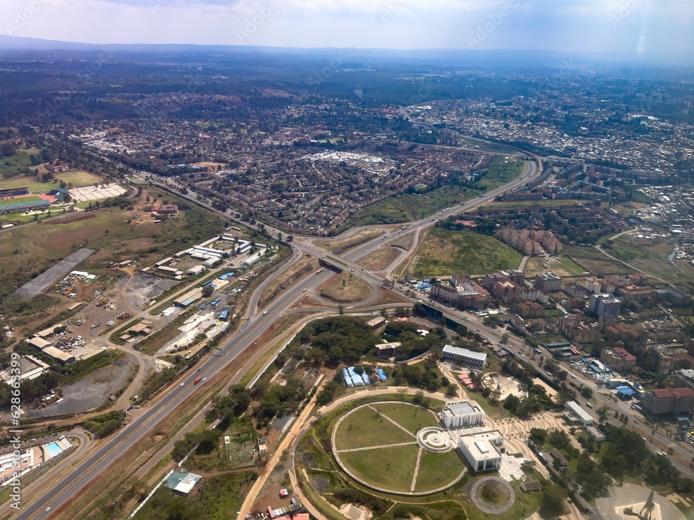 Aerial view of highways and buildings in south Nairobi, Kenya, Africa ...