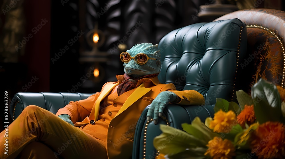 a humanoid lizard wearing a bright orange suit, sitting on an black ...
