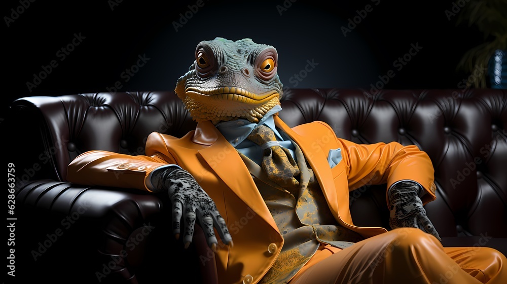 Foto de a humanoid lizard wearing a bright green and orange suit, in ...