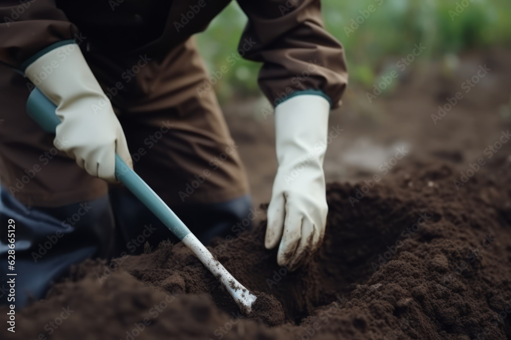 Soil Test. Agronomist putting soil with garden shovel in soil sample ...